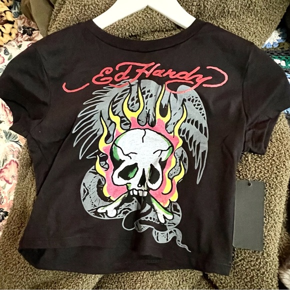 Ed Hardy | Tops | Ed Hardy Y2k Black Skull Snake Flames Graphic Cropped ...